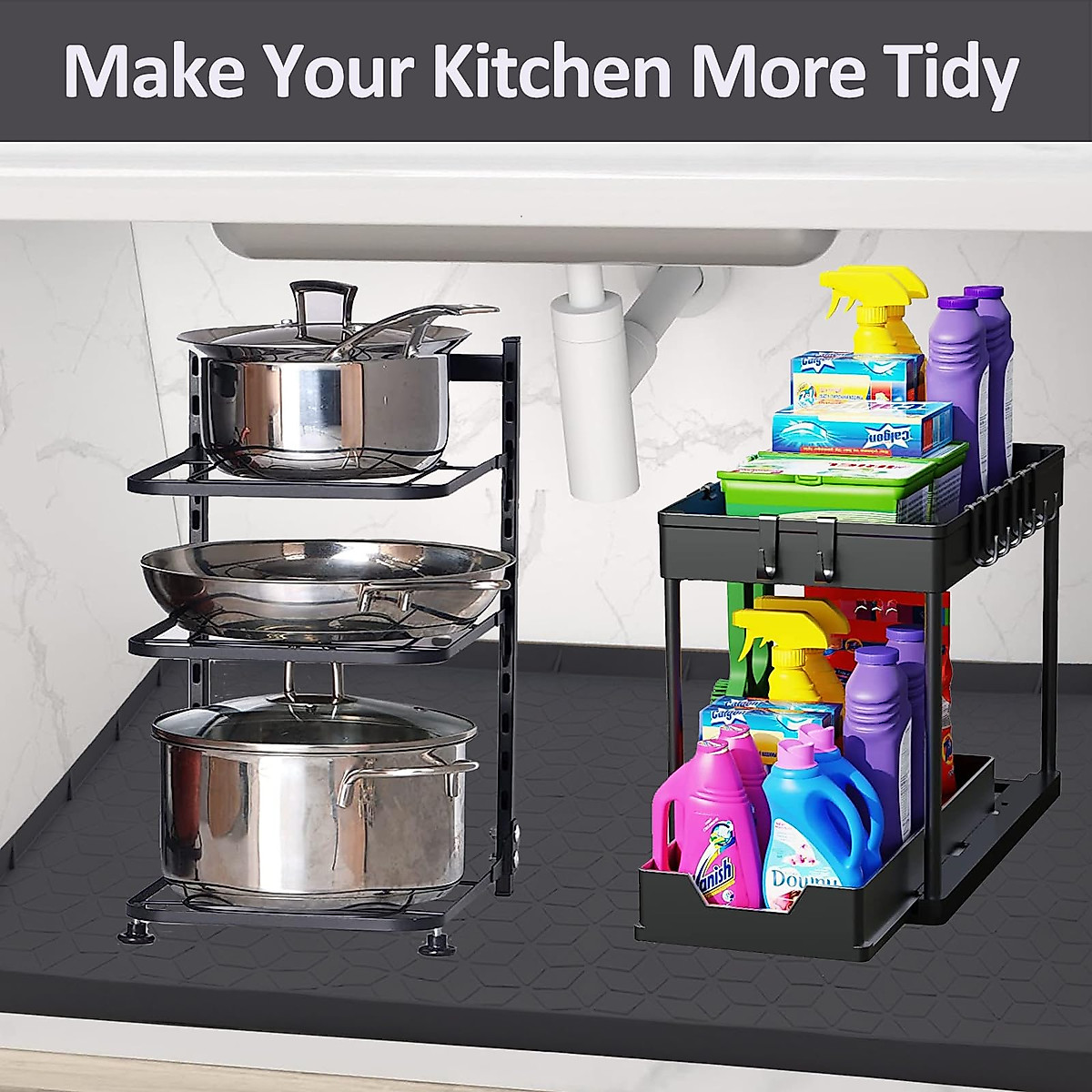 Under Sink Mats for Kitchen Waterproof, Under Sink Liner 34" x 22" for Kitchen fit 36" Cabinet, Sink Mats for Bottom of kitchen Sink for Drips Leaks, Under Kitchen Sink Mats and Protectors, Black