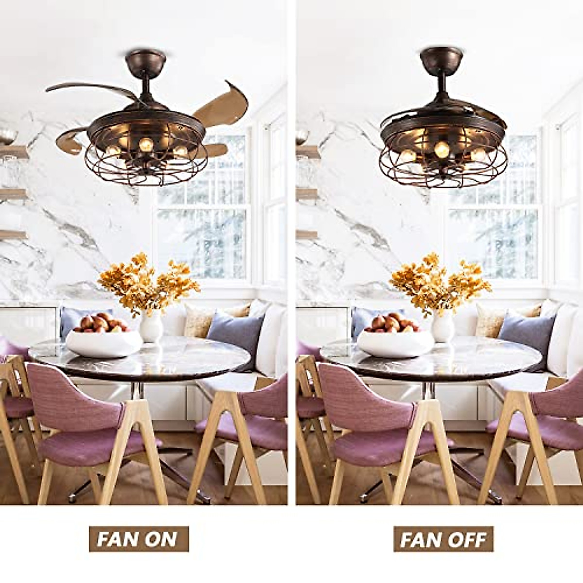 36" Industrial Reverse Ceiling Fan with Lights, Siljoy Vintage Rusty Cage Chandelier Fan Retractable Blades Fandelier with Remote Control for Farmhouse Dining Room Bedroom, 5 E26 Bulbs Not Included