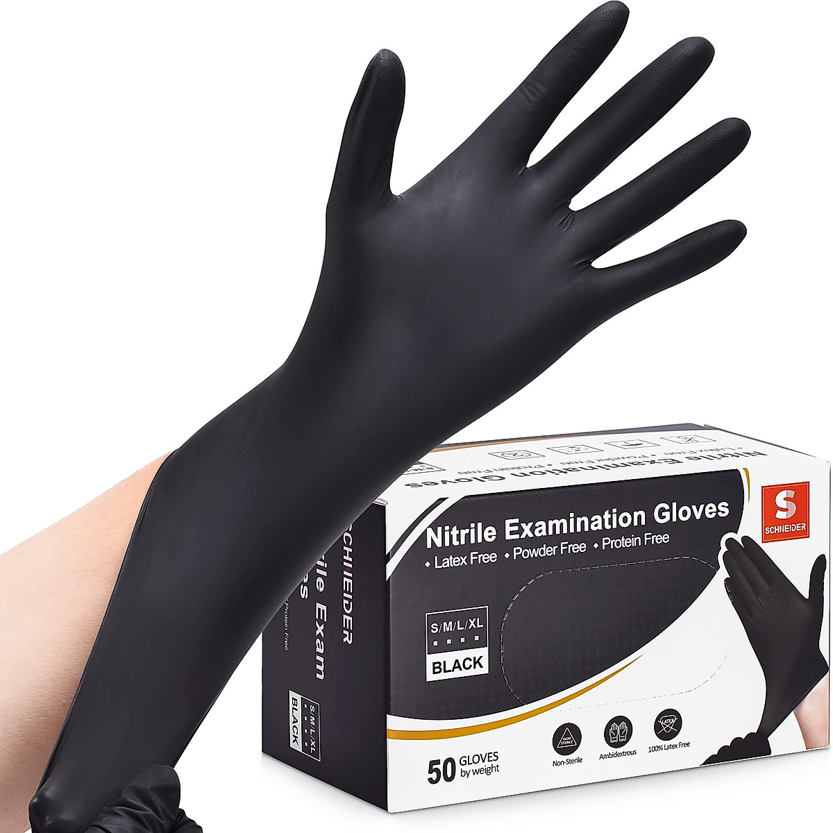 Schneider Nitrile Exam Gloves, Black, 4 mil, Latex-Free, Disposable Gloves for Medical Examination, Cleaning Gloves, Food Prep Gloves, Powder-Free, Food Safe Rubber Gloves, 100-ct Box (Large)