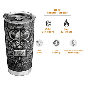 20oz American Viking Tumbler, Viking Gifts for Men, Norse Mythology Gifts, Coffee Thermos for Men, Stainless Steel Double Wall Vacuum Insulated Coffee Mug, Travel Cup with Lid