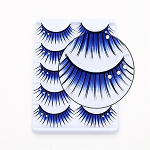Okdeals 5 Pairs Glitter Lashes 3D Blue Cosplay Anime Eyelash with Rhinestones, 13mm Blue Dramatic Manga Lashes Halloween New Year Party Stage Makeup Eyelash, Black Stems