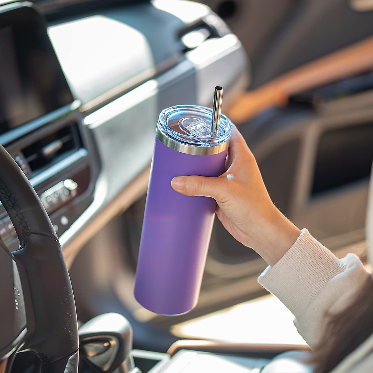 koodee 20 oz Skinny Tumbler with Straw, Stainless Steel Double Wall Insulated Slim Tumbler for Women/Men Diy Birthday Gift (Purple)