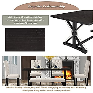 Goohome 6-Piece Farmhouse Kitchen Dining Set, Mid-Century Wood Rectangular Table, 4 Flannelette Upholstered Chairs and Bench Family Furniture, for Home, Apartment, Espresso