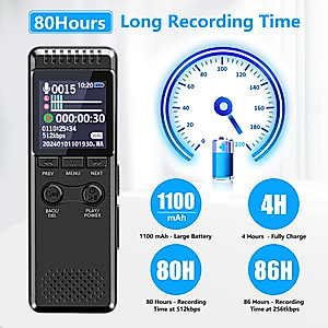 Vivaniir 64GB Digital Voice Recorder, 80 Hours Long-Lasting Battery 1100mAh, Voice Activated Recorder with Playback and Metal Casing, USB-C Audio Recorder for Lecture Meeting Interviews