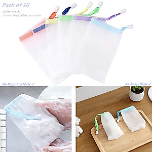 FULINJOY 10 PCS Exfoliating Mesh Soap Saver Pouch Bag Sack, Face Cleansing Foaming Nets, White Pouch with Drawstring (Color Random)