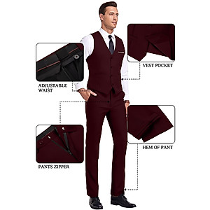 Mrkotyin Men Suits 3 Piece Suit Set Slim Fit, Dress Suits Set with 2 Button Tux Blazer Jacket Vest Pants for Party Wedding Business Burgundy-XXL