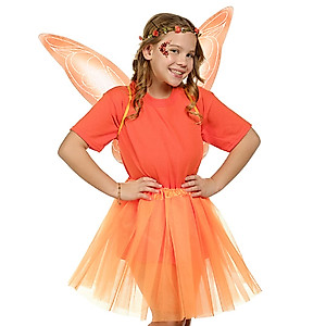 Funcredible Fairy Costume Accessories - Orange Fairy Wings and Flower Crown, Glitter - Tooth Fairy Cosplay Outfit for Women and Girls