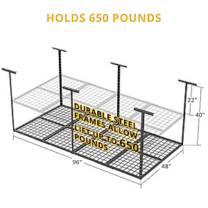 4x8 Heavy Duty Steel Overhead Garage Ceiling Storage Rack, Adjustable Ceiling Mounted Racks, Sturdy Hanging Garage Storage, 650lbs Weight Capacity, 42 in. H x 96 in. W x (22-40 Dropdown), Black