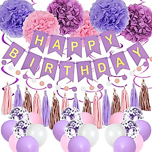 Purple Pink Birthday Party Decorations for Women Girls with Happy Birthday Banner,Hanging Swirls,Tissue Paper Pompoms,Circle Dots Garland,Tassel Garland Purple Birthday Balloons (Purple)