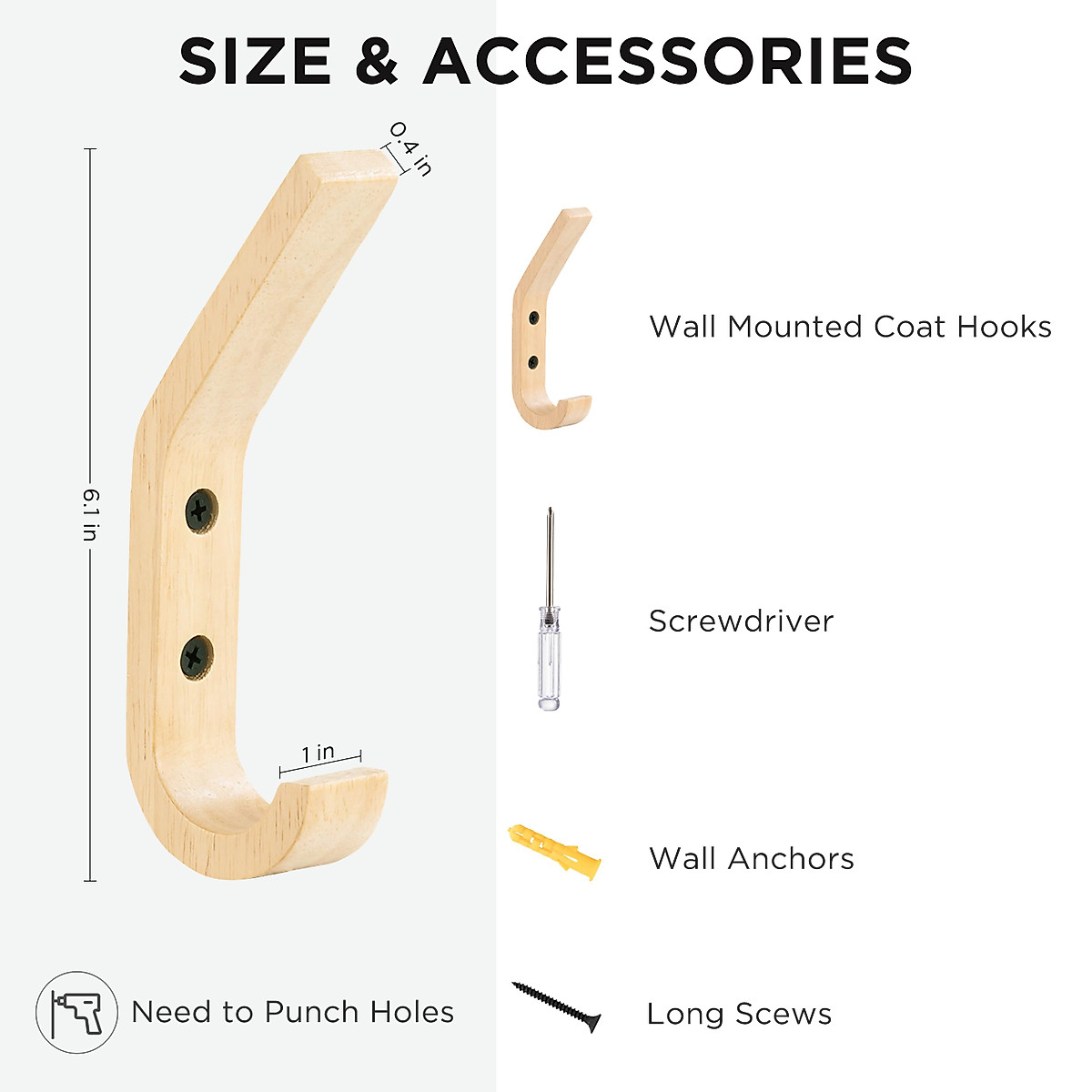 UBTKEY 4 Pack Wooden Coat Hooks Wall Hooks for Hanging, Natural Oak Wood Coat Hooks Wall Mounted Heavy Duty Entryway Hooks for Hanging Coats