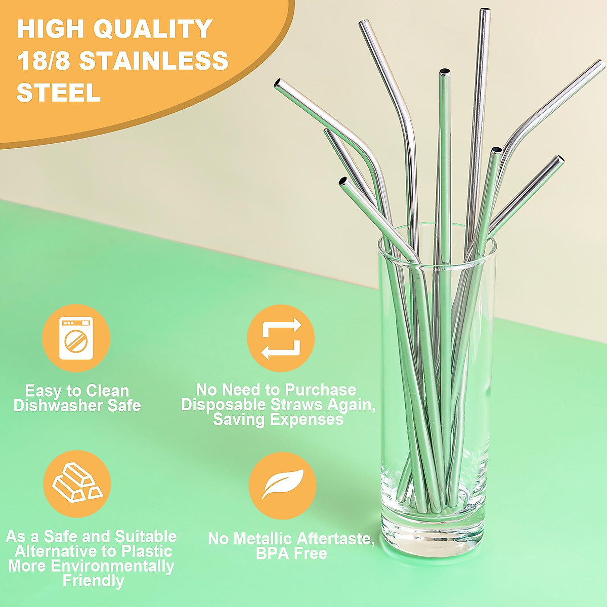 Reusable Stainless Steel Straws -16 Pack 10.5" & 8.5" Reusable Straws with 4 Straw Cleaner Brush and 16 Silicone Tips with 1 Travel Case, Eco Friendly Extra Long Metal Straws for 20 24 30 oz Tumbler