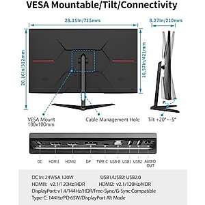 FYHXele 4K Gaming Monitor 144Hz 32inch, Fast UHD IPS Computer Monitor, 1ms, VESA Mountable, DSC， Built-in Speakers, Free-Sync, 1xDP1.4, 1xHDMI2.1, 1xHDMI2.0, 1xUSB-C, USB Hub, 95% DCI-P3, HDR400