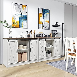 4 EVER WINNER Farmhouse Coffee Bar Cabinet, Kitchen Buffet Storage Coffee Cabinet Station Credenza Cupboard with Adjustable Shelf, Buffet Cabinet with Storage and Sliding Barn Doors, White