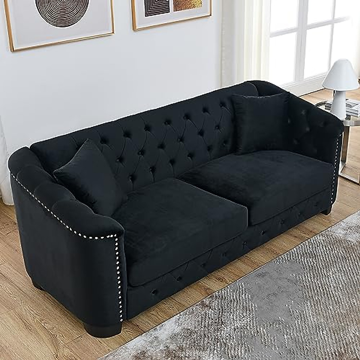 EMKK 77" Chesterfield Velvet Sofa, 3-Seater Upholstered Couches Tufted Backrests with Nailhead Arms and 2 Cushions for Living Room, Bedroom, Apartment, Office, G-Black