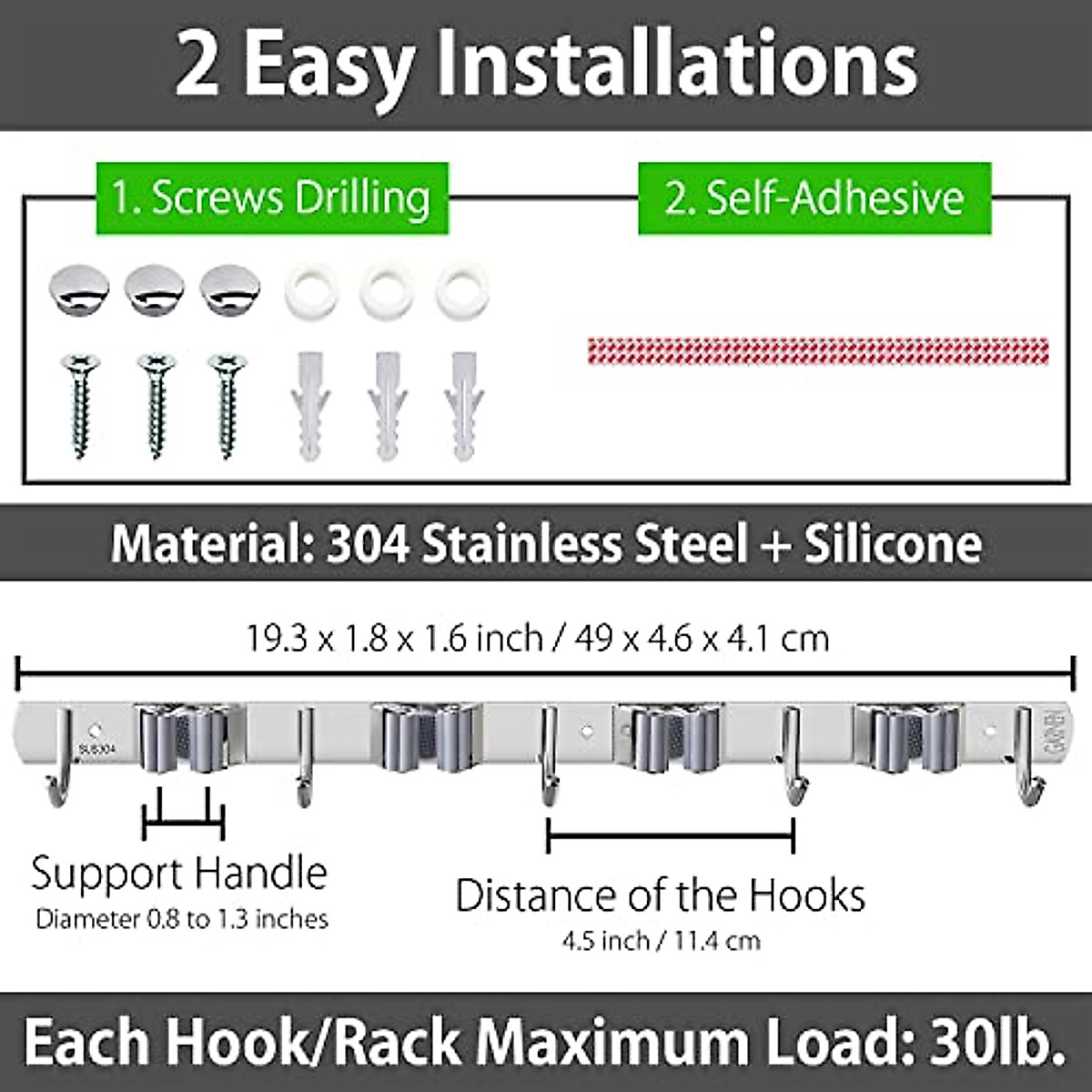 Garnen Mop and Broom Organizer (4 Racks 5 Hooks), Heavy Duty Broom Wall Mount Rake Holder Stainless Steel Tool Hanger for Home, Kitchen, Garage, Garden, Laundry Room, Bathroom Organization and Storage