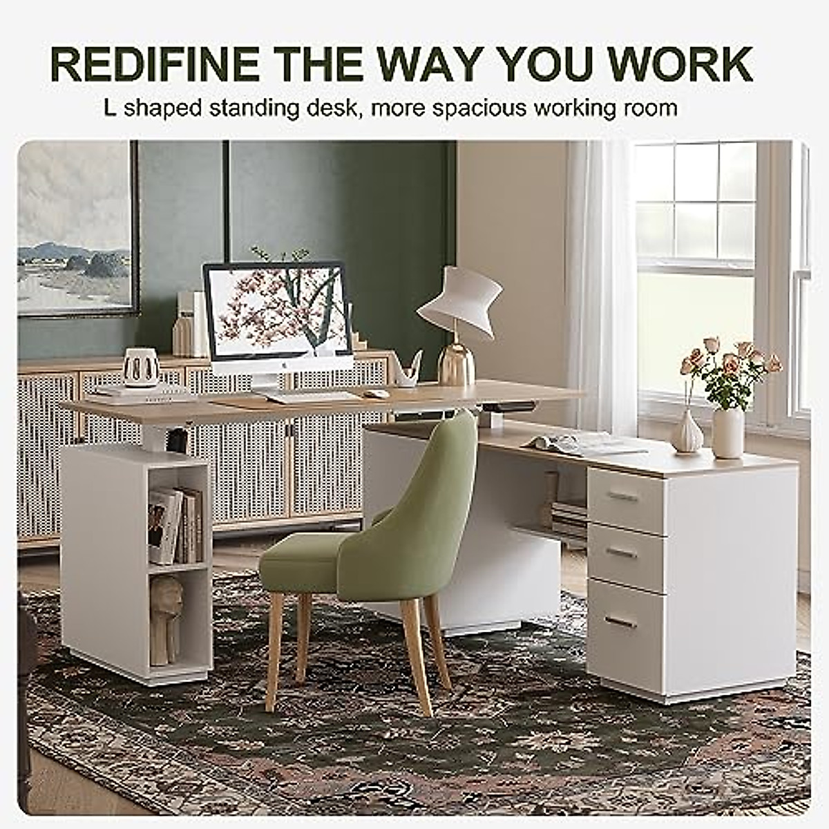 BANTI Executive L Shaped Standing Desk with 3-Drawer File Cabinet, 63" Electric Height Adjustable Stand up Desk for Home Office, Computer Desk with Storage Cabinets, Natural Top