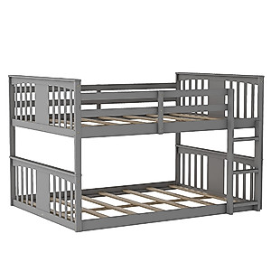 Harper & Bright Designs Full Over Full Low Bunk Bed with Headboard and Footboard, Wooden Bunk Bed with Ladder, for Toddlers Kids Boys Girls - Gray