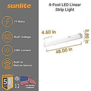 Sunlite 85500 4-Foot LED Linear Strip Light Fixture, 19 Watts, 120-277 Volts, 50,000 Hour, Motion Sensor, Suspension and Surface Mounting, Steel Body, ETL & DLC Listed Backup Battery, 4000K Cool White