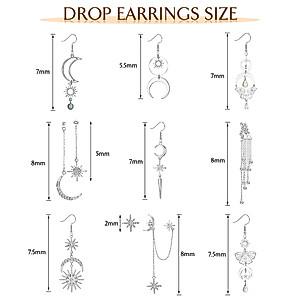 DOLOTTA 9 Pairs Moon Stars Long Dangle Earrings for Women Sun Butterfly CZ Earrings Exaggerated Moon Gold Earrings Long Chain Shining Tassel Boho Vintage Earrings Silver