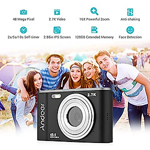 CalmGeek Portable Digital Camera 48MP 2.7K 2.88-inch IPS Screen 16X Zoom Auto Focus Self-Timer 128GB Extended Memory Face Detection -Shaking with 2pcs Batteries Hand Strap Carry Pouch