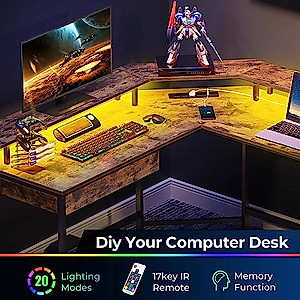 Rolanstar L Shaped Gaming Desk with Drawer, 55.1" Reversible Computer Desk with Power Outlets & LED Lights, Home Office Desk with Monitor Stand & Storage Shelf, Desk with Hooks Rustic Brown