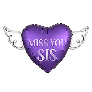 Miss You Sis Heavenly Balloons heart shaped with angel wings (Purple)