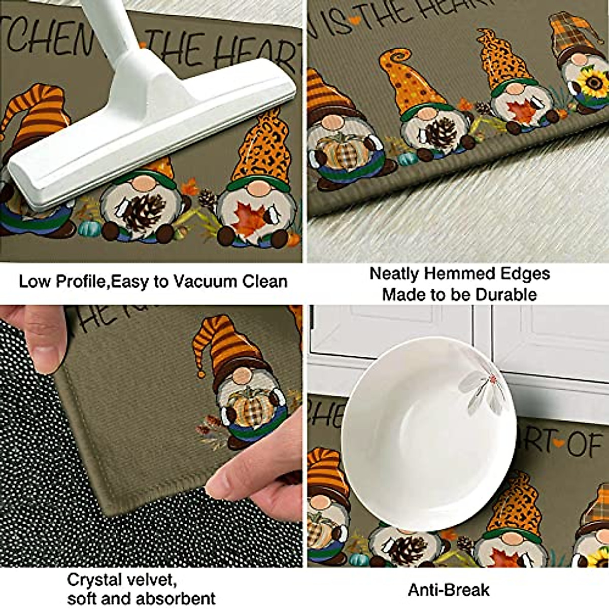 Fuoxowk Thanksgiving Decor Kitchen Mat and Rug Set-Gnome Kitchen Rugs and Mats Non Skid Washable,Floor Cushion Waterproof Rug,Rubber Backed Area Rugs for Kitchen Sink,Laundry Room,Indoor Floor,Brown