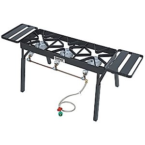 Bayou Classic TB650 Triple Burner Outdoor Patio Stove Features 13-in Tall Welded Steel Frame Three 6-in High Pressure Burners Brass Manifold w/ Three Brass Control Valves