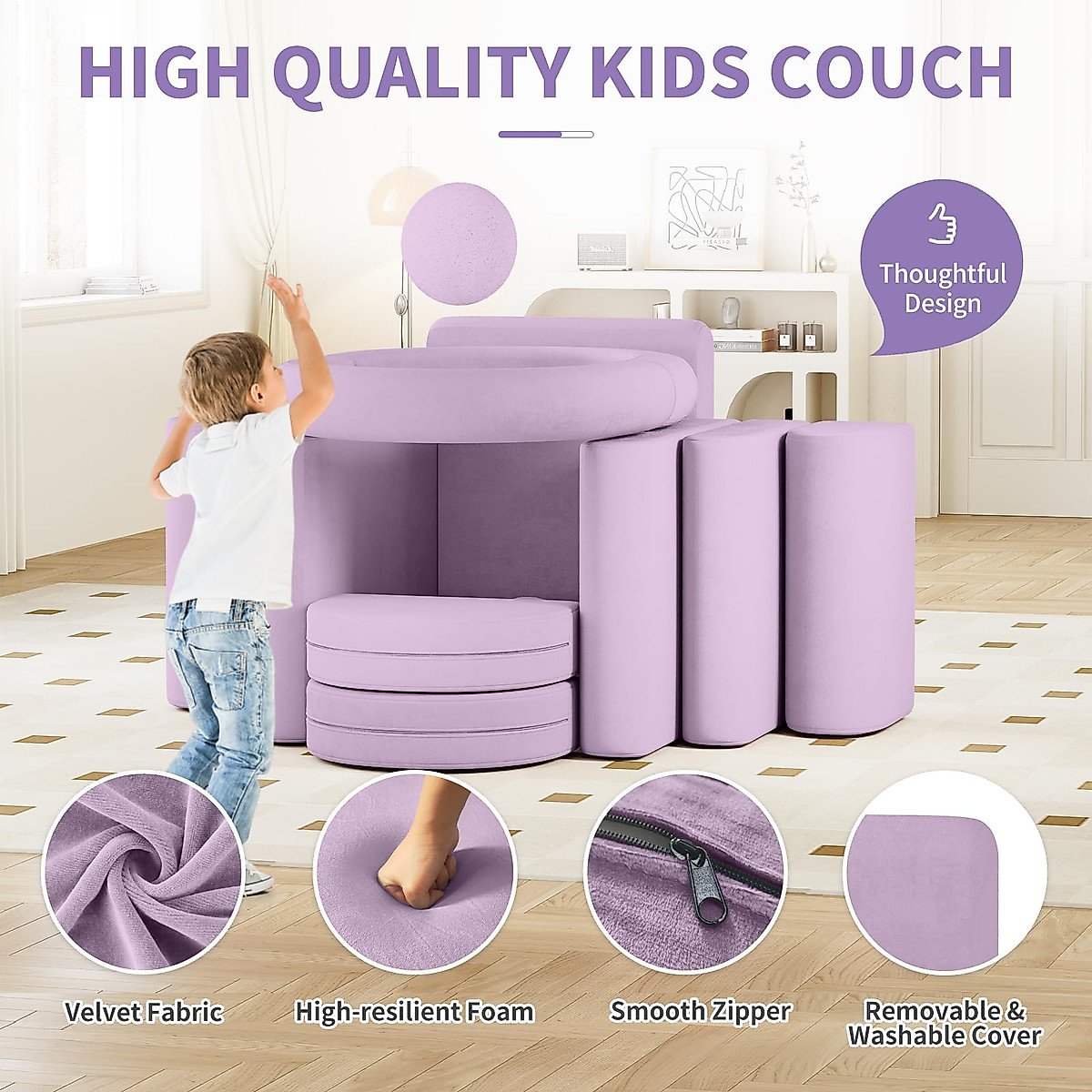 wanan Modular Kids Play Couch, 16PCS Kids Couch with Balls and Tunnel, Kids Couch for Playroom and Bedroom, Kids Modular Couch for Playing, Creativing, Modular Couch Kids (Blueberry)