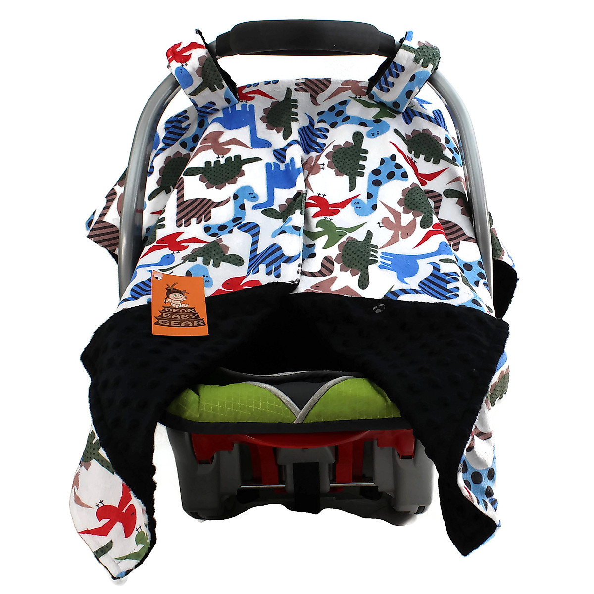 Dear Baby Gear - Baby Car Seat Canopy - Infant Car Seats Covers - Carseat Canopies for Boys and Girls - Toddler Carseat Cover with Snap Opening (Prehistoric Multicolored Dinosaur, Black Dot 40"x30")