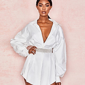 YooAi Rhinestone Elastic PU Leather Belt Shiny Crystal Stretch Waist Belt Wide Waist Band for Women Dress 95cm White