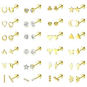 Sanfenly 24 Pairs Stud Earrings for Women Men 20G Stainless Steel Tiny Silver Gold Rose Gold Black Cartlidge Earrings Stud Small Snake Star Moon Ball Butterfly Triangle Heart Square Round CZ Screw