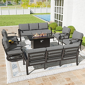 Kullavik Aluminum Patio Furniture Set,8 Pieces 10 Seat Metal Outdoor Furniture Conversation Set w/45 Propane Gas Fire Pit&Swivels,Grey