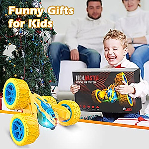 Qumcou Remote Control Car, RC Cars Stunt Car Toys for Kids, 2.4Ghz High Speed Double-Sided 360°Rotating Toy Cars with Cool Headlights, Christmas Birthday Gifts for Boys Girls Age 6-12（Yellow）