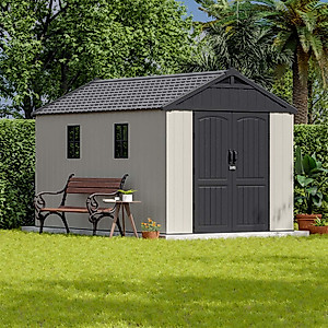 VICTONE Plastic Outdoor Storage Shed 8 x 12 FT with Floor, Resin Tool Shed with Two Windows and Lockable Door for Garden, Backyard, Easy to Install in Gray and White (Kick-it Shed)