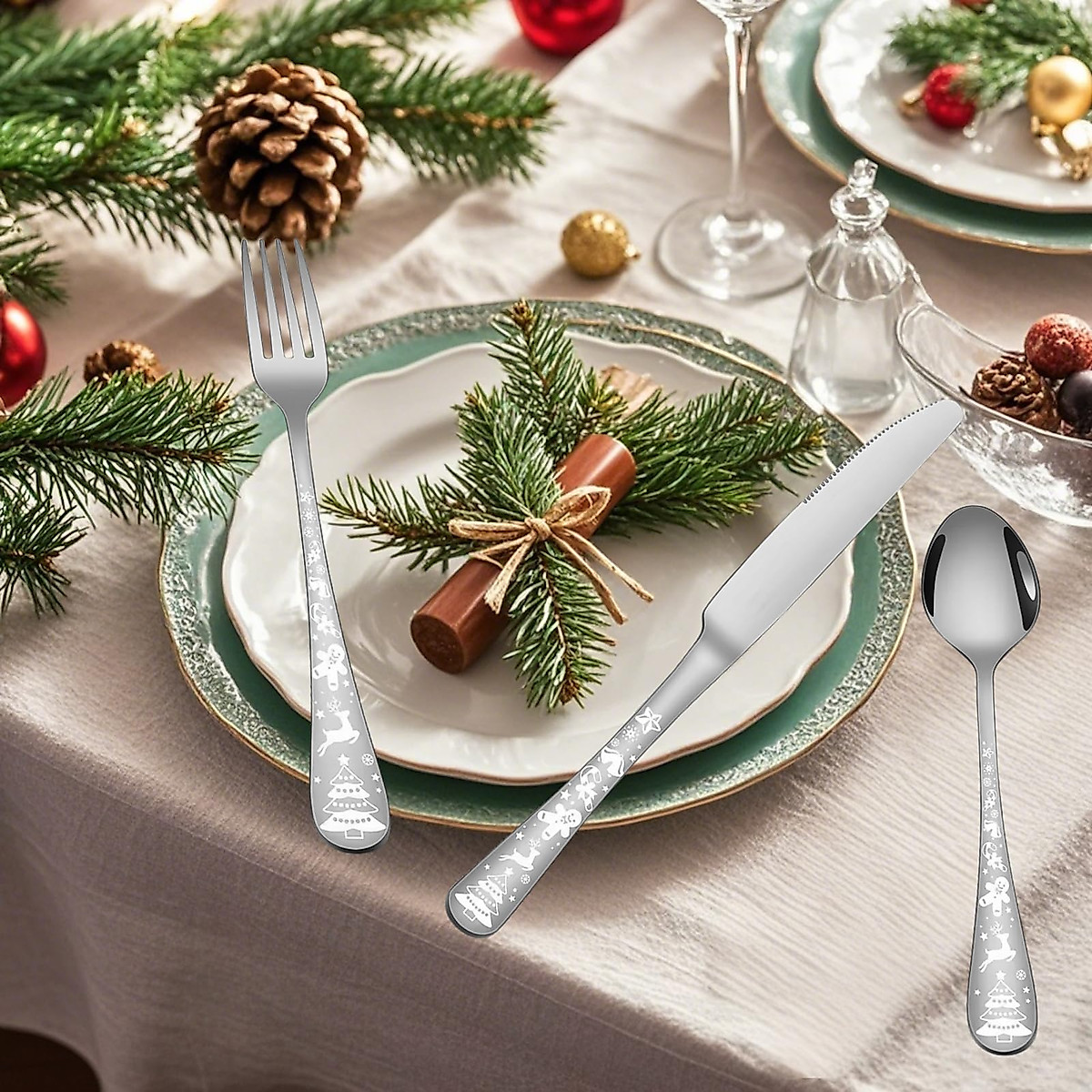 Vilihkc 20 Piece Stainless Steel Christmas Style Silverware Set Flatware Set Kitchen Utensil Set Service for 4 Tableware Cutlery Set for Home and Restaurant Dishwasher Safe