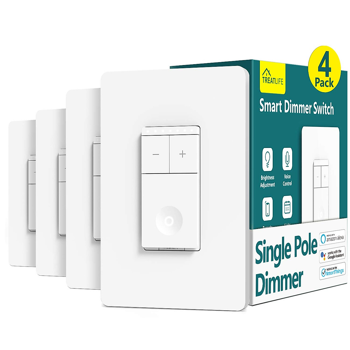 TREATLIFE Smart Dimmer Switch 4 Pack, Smart Light Switch Works with Alexa and Google Assistant, Neutral Wire Needed, 2.4Ghz Wi-Fi, Schedule, Remote Control, Single Pole, FCC Listed