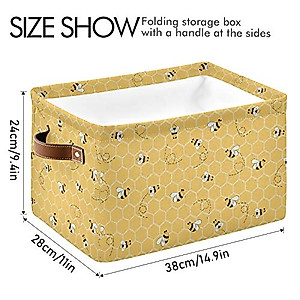 Cute Animal Bee Square Storage Basket Bin Canvas Fabric Compressible Organizer Basket with Handle for Bedroom Nursery Office, 1PCS