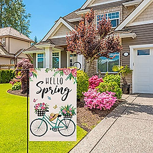 Hzppyz Hello Spring Bicycle Flowers Garden Flag Double Sided, Rose Bike Decorative Yard Outdoor Home Small Decor, Farmhouse Burlap Outside House Decoration 12 x 18