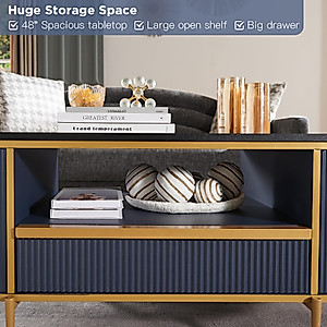 OKD Modern Coffee Table, 48" Oval Coffee Table with Storage, Sliding Drawer, Open Shelf, Center Table for Living Room, Dark Blue