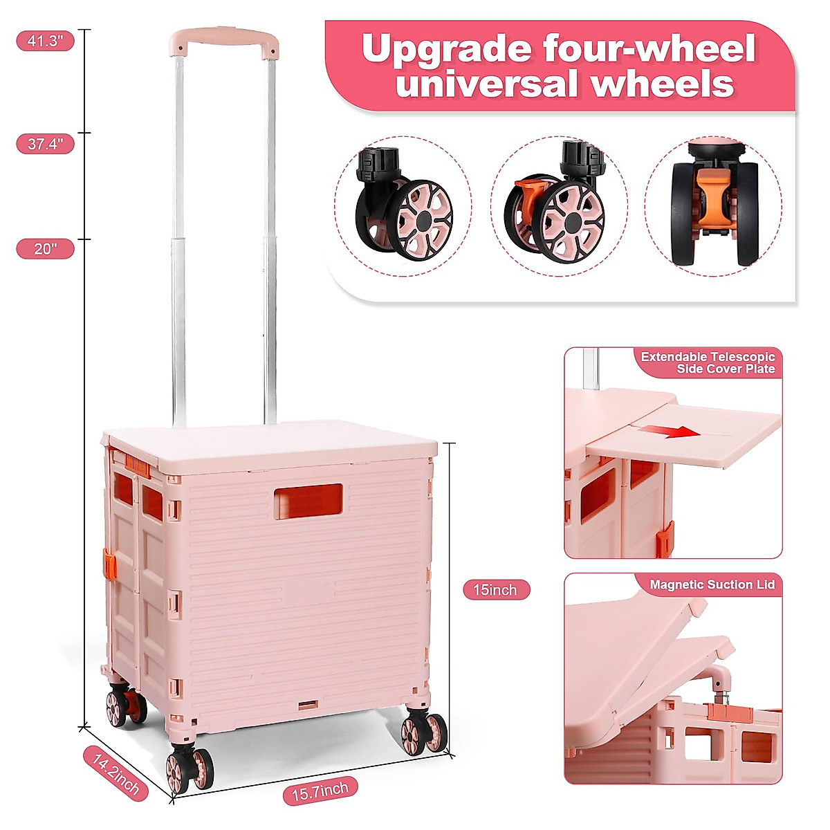 Foldable Utility Cart Collapsible Portable Tool Cart with Wheels Tote Basket,176LBS Load Capacity,Magnetic Lid Telescopic Cover with 360° Wheels Telescoping Handle for Grocery Laundry Luggage,Pink