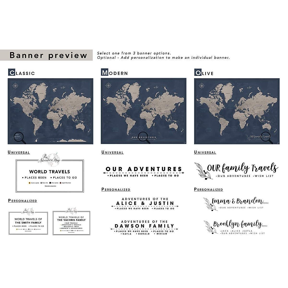 Framed Travel Map With Pins World Personalized | Premium Push Pin Travel Map | Various Color and Size Options | 24" x 32" up to 40" x 53"