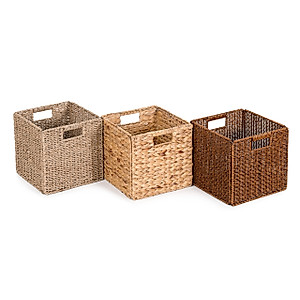 11x11x11in Seagrass Storage Baskets, Woven Baskets for Storage, Large Cube Wicker Storage Basket for Shelves Set of 3, Wicker Storage Basket, Bedroom, Living Room