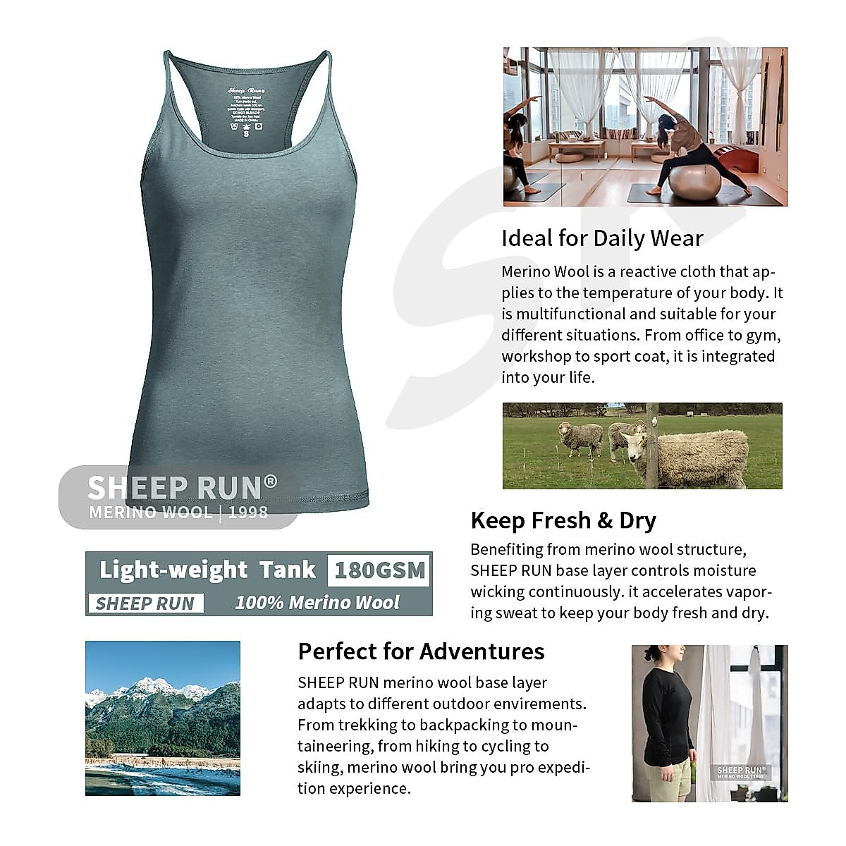 SHEEP RUN Merino Wool Camisole Racerback Tank Top Yoga Shirt Breathable Light-Weight Shirt (Teal, Large)