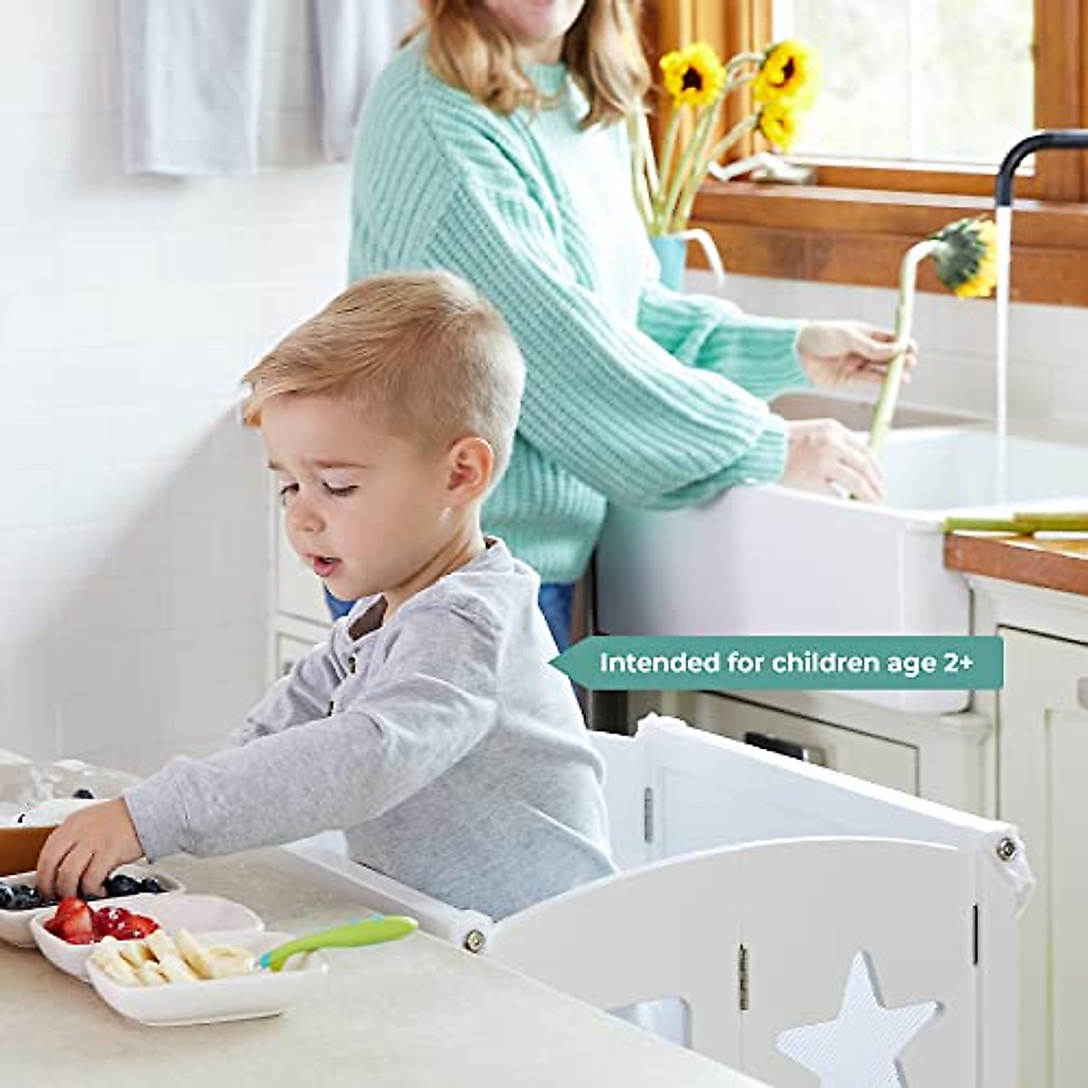 Guidecraft Classic Kitchen Helper® Stool - White with 2 Keepers and Non-Slip Mat: Foldable, Adjustable Height Safety Cooking Tower for Toddlers with Chalkboard and Whiteboard Message Boards