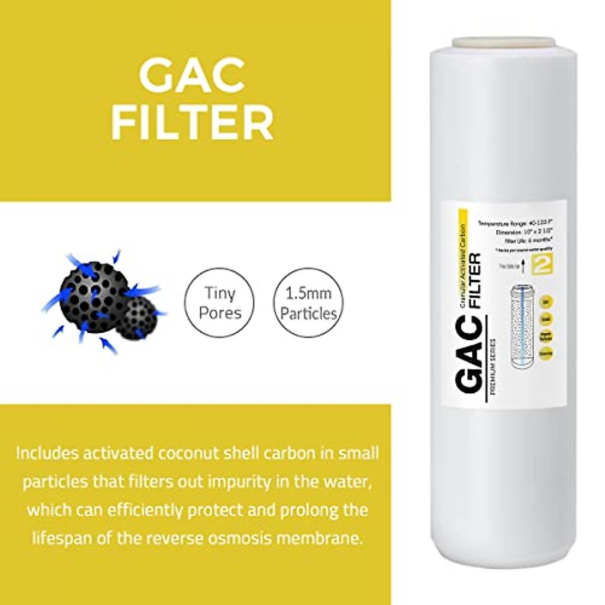 iSpring FG15US Premium Universal High Capacity GAC Granular Activated Carbon Filter Replacement Cartridge for Reverse Osmosis RO and Under Sink Water Filtration Systems, 10" x 2.5", Made in USA