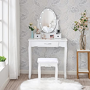 ANWBROAD Makeup Vanity Desk Vanity Set with LED Lighted Mirror Makeup Table Set 10 LED Dimmable Bulbs Cushioned Stool 3 Drawers 3 Dividers for Bedroom Makeup Jewellery Storage Set White UBDT12W