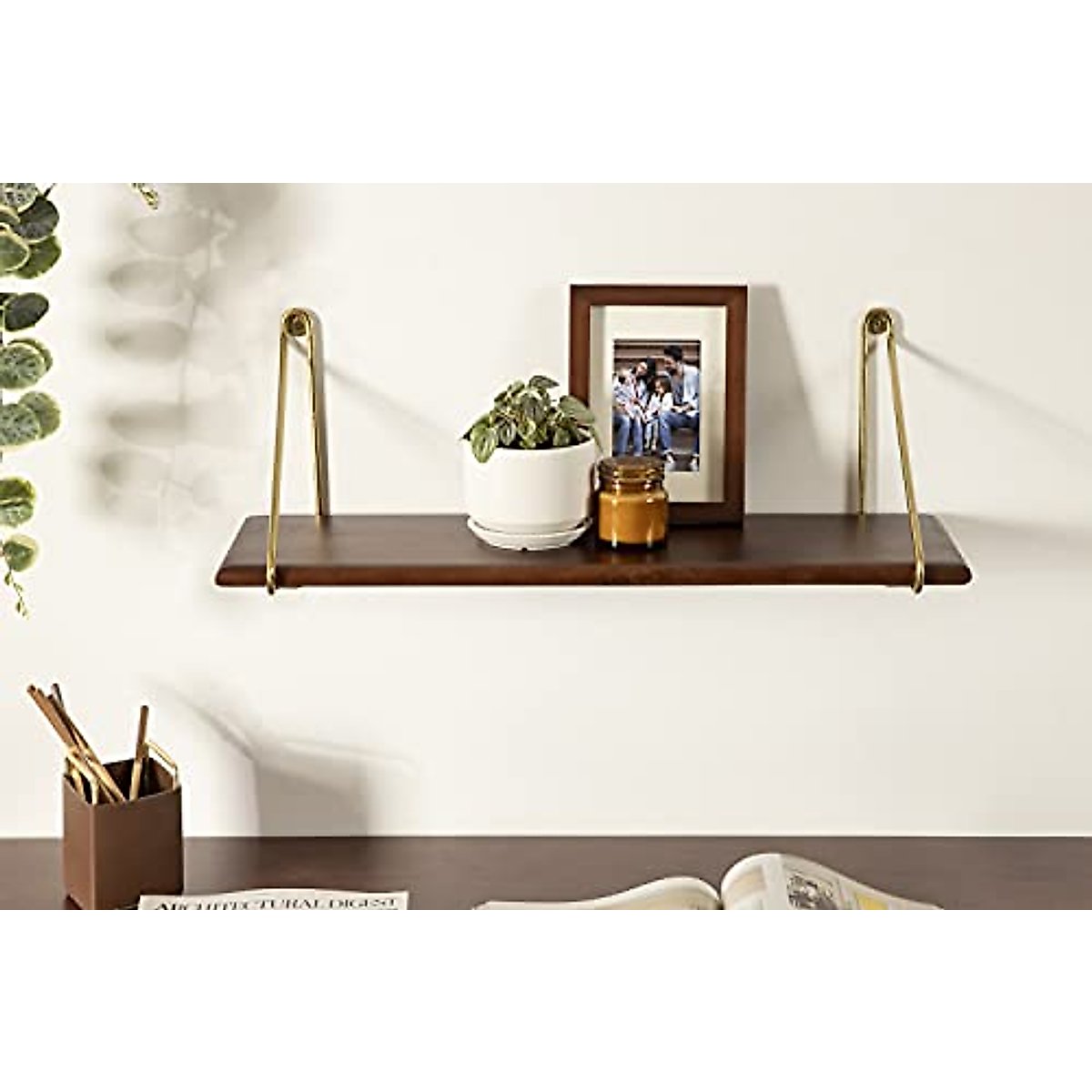 Kate and Laurel Palone Modern Wall Shelf, 24, Walnut and Gold, Minimal Transitional Shelf for Storage and Display