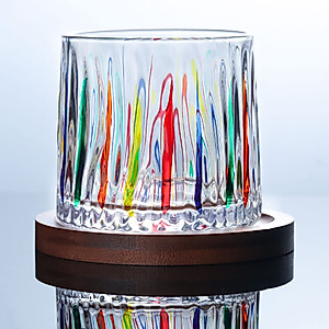 Joeyan Rotatable Hand Painted Whiskey Glasses with Coaster,Old Fashioned Glass Tumblers with Strip and Diamond Patterns,Colorful Whiskey Glass Cups for Rum Bourbon Scotch,Set of 2,9 oz