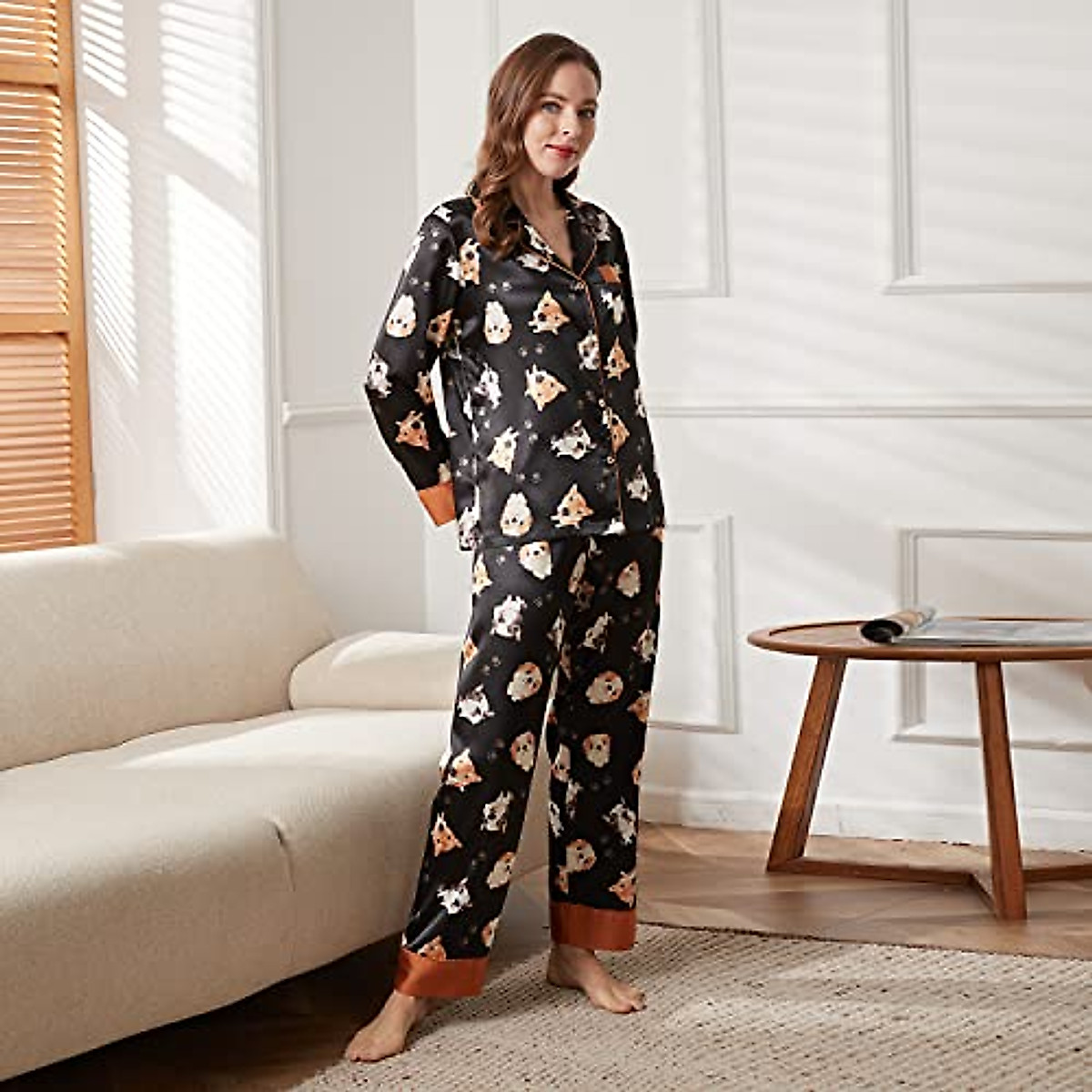 Belle Heure Women’s Silk Satin Classic Long Sleeve Pajamas Button Down Silky Floral Animals Pattern Set Loungewear Sleepwear